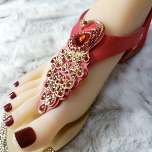 SilverDew | Shoes | Red Rhinestone Peacock Toe Strap Sandals | Poshmark